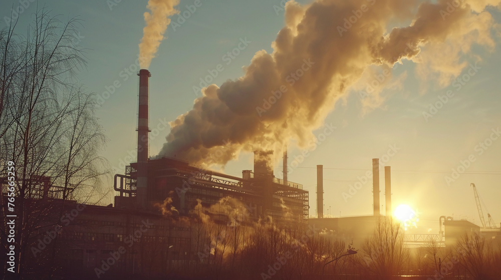 Industrial power plant with thick CO2 smoke from chimney. Pollution and ...