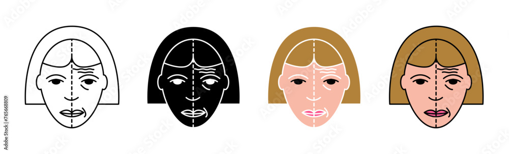 Facelifting procedure vector illustration set. Woman face lift icon ...