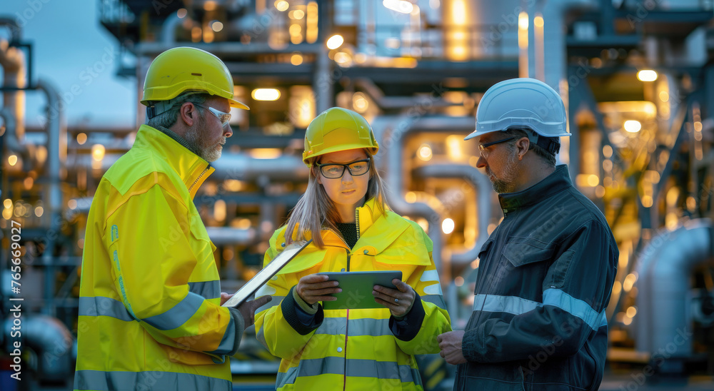 workers in yellow safety jackets and white hard hats, one with glasses ...