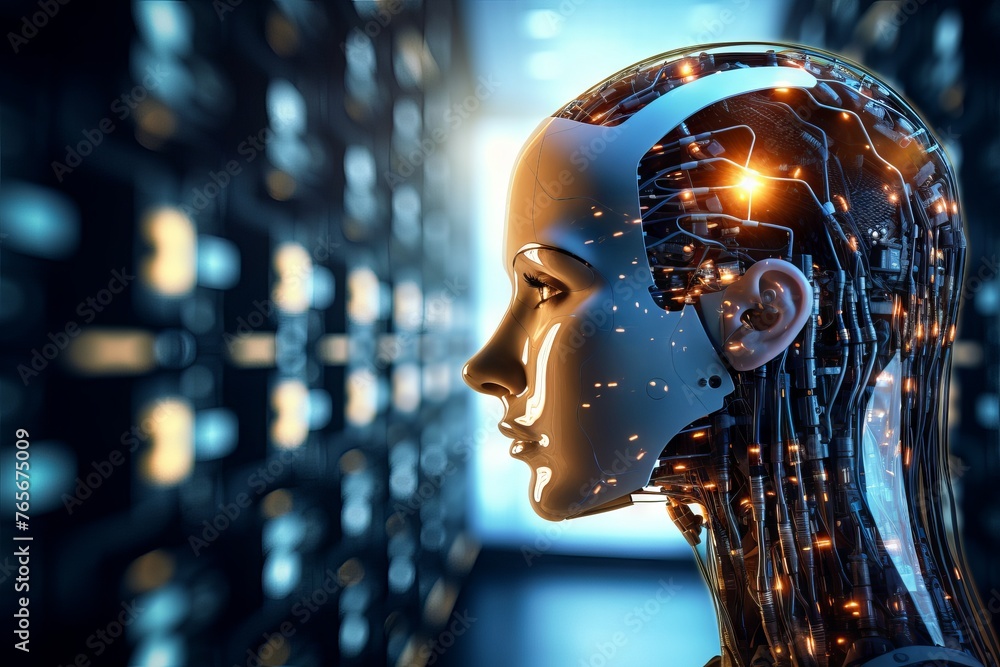 Silhouette of the head in profile with visualization of the digital ...