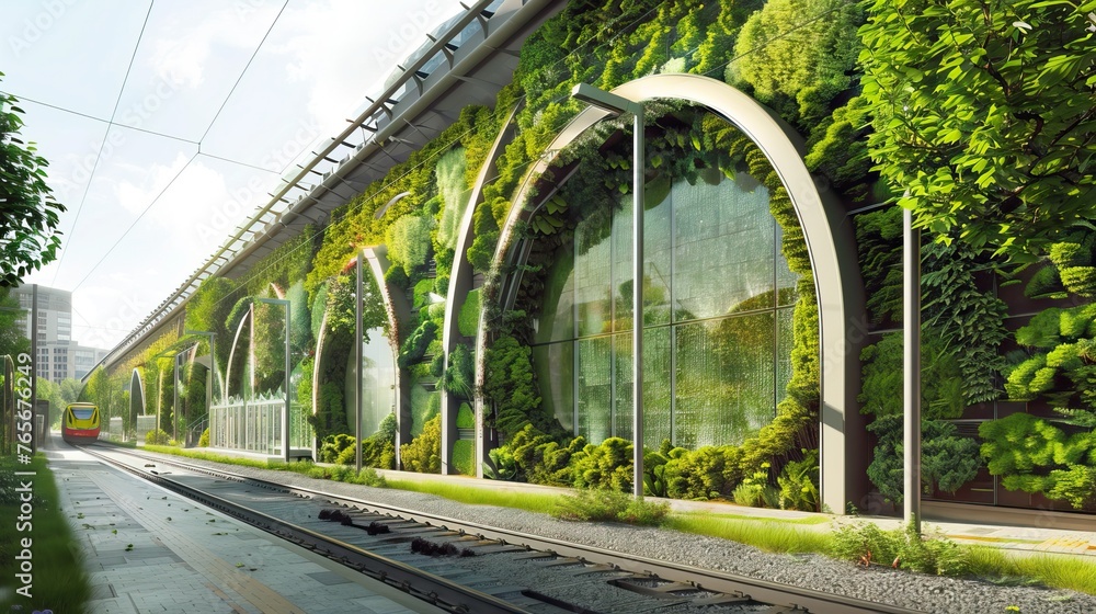 A modern eco friendly bus station designed with lush vertical gardens ...