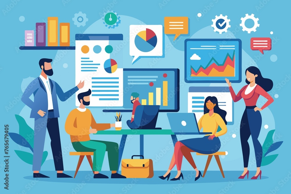 Group office meeting with data analysis - A diverse team engages in a meeting analyzing data ...