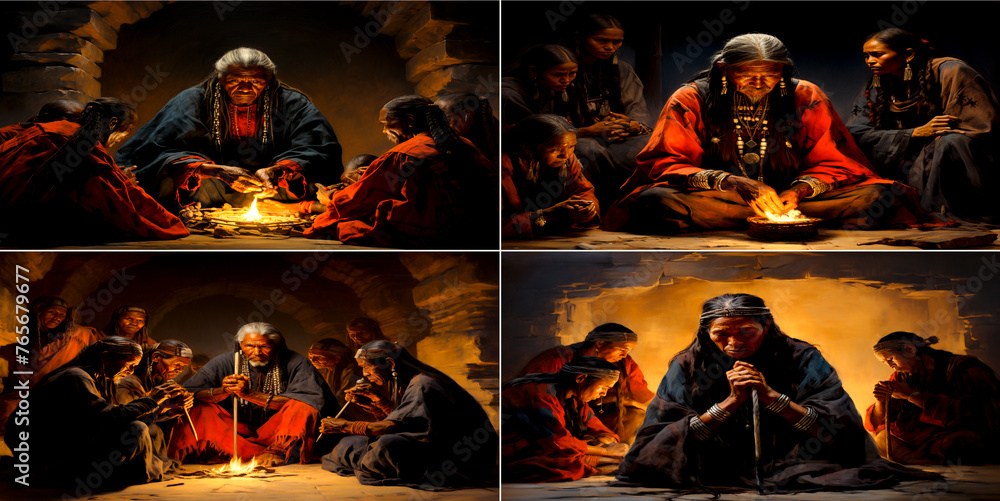 A painting depicting a circle of many indigenous peoples. Reflects a ...