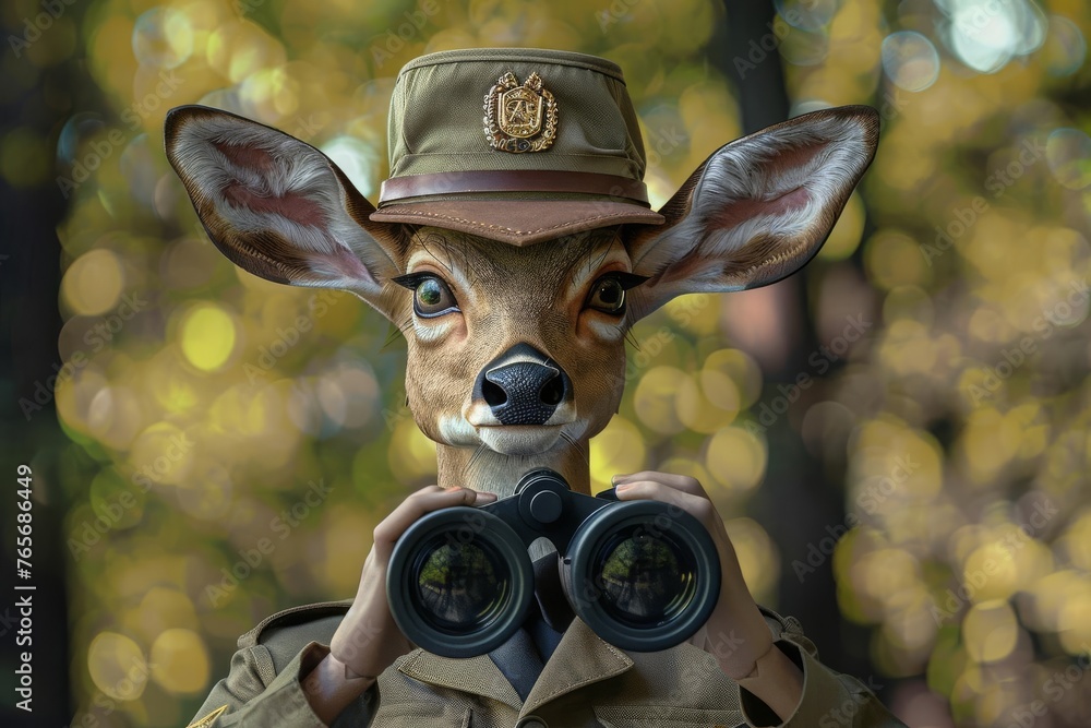 humanoid deer head man, wearing a park ranger uniform and hat, holding ...