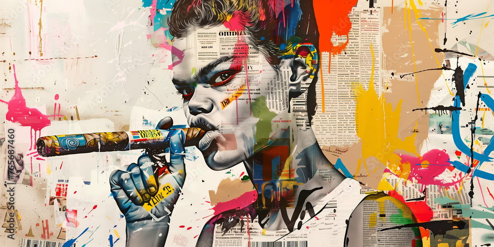 Graffiti, collage of grunge newspapers and multicolored painting ...