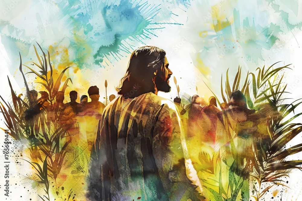 Serene Jesus Palm Sunday Scene, Bright Watercolor Style Illustration ...