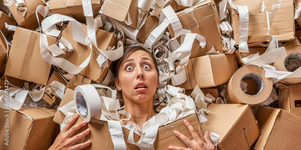Stressed woman swamped by boxes packages and shipping tape, mail ...