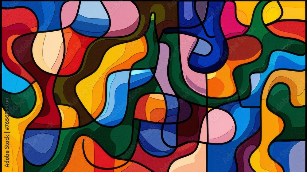 Colored shapes form an abstract stylized background, featuring bold ...