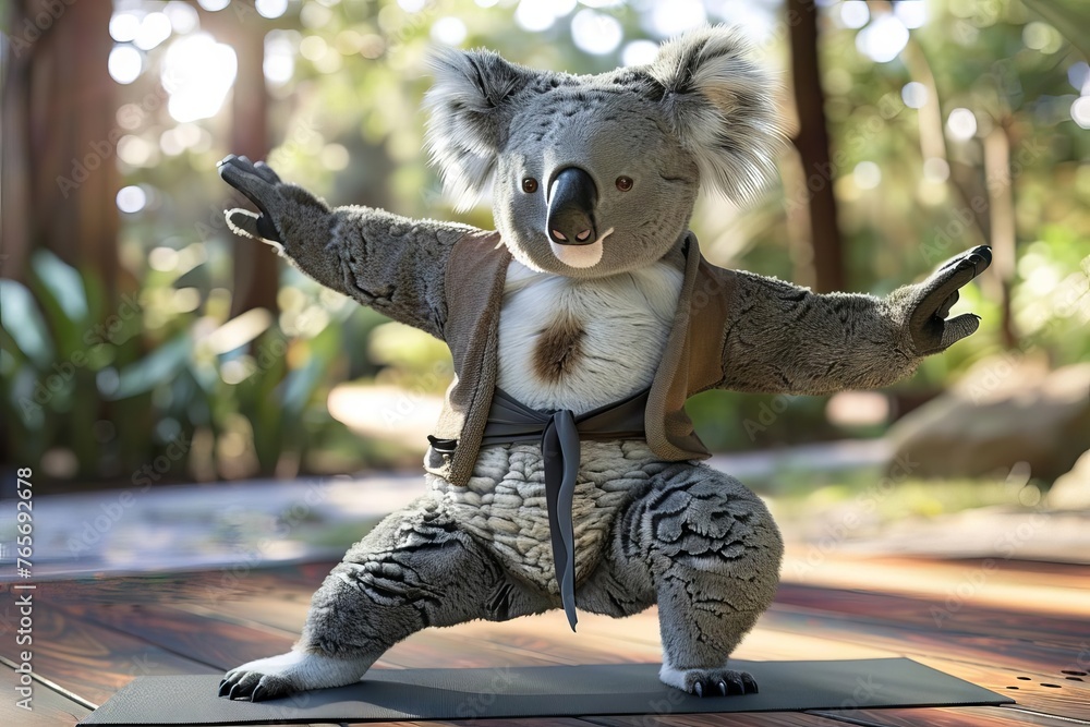 koala-headed man, dressed as a yoga instructor, demonstrating a pose on ...