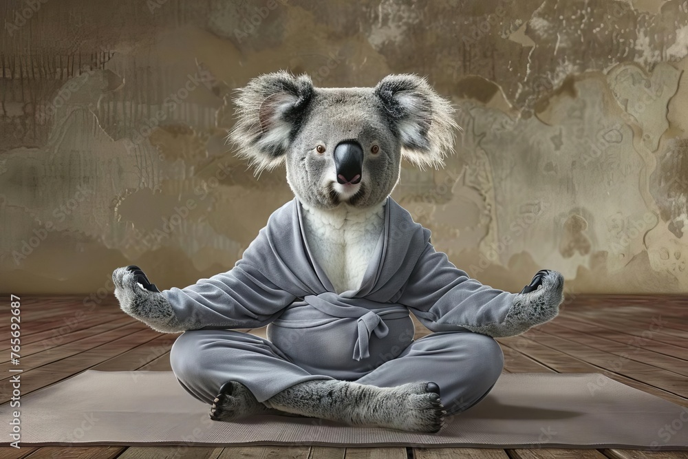koala-headed man, dressed as a yoga instructor, demonstrating a pose on ...
