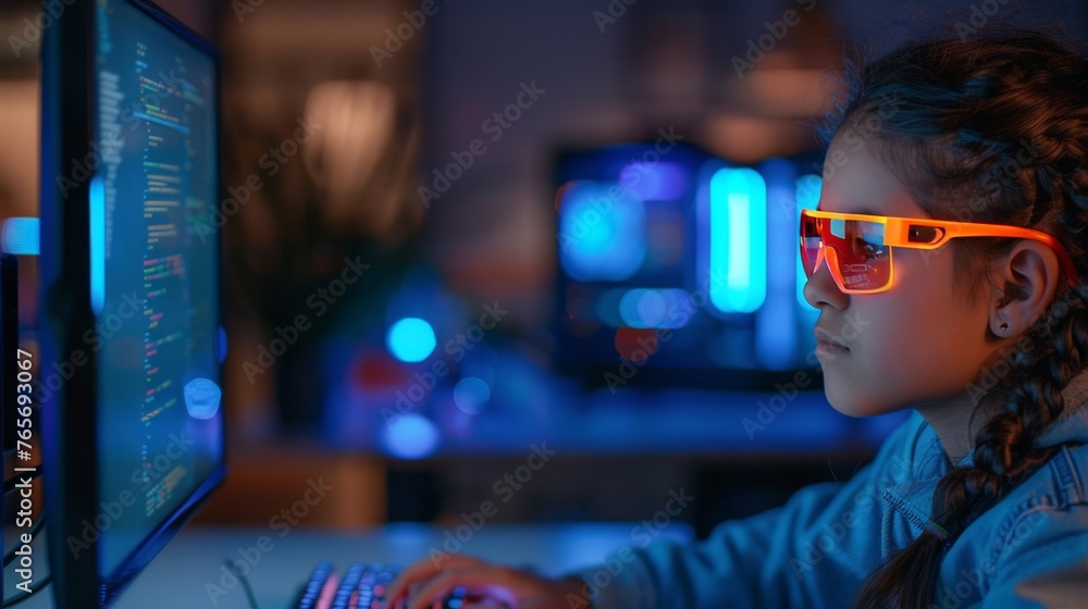 A Middle Eastern girl with coding glasses sits mesmerized in front of a ...