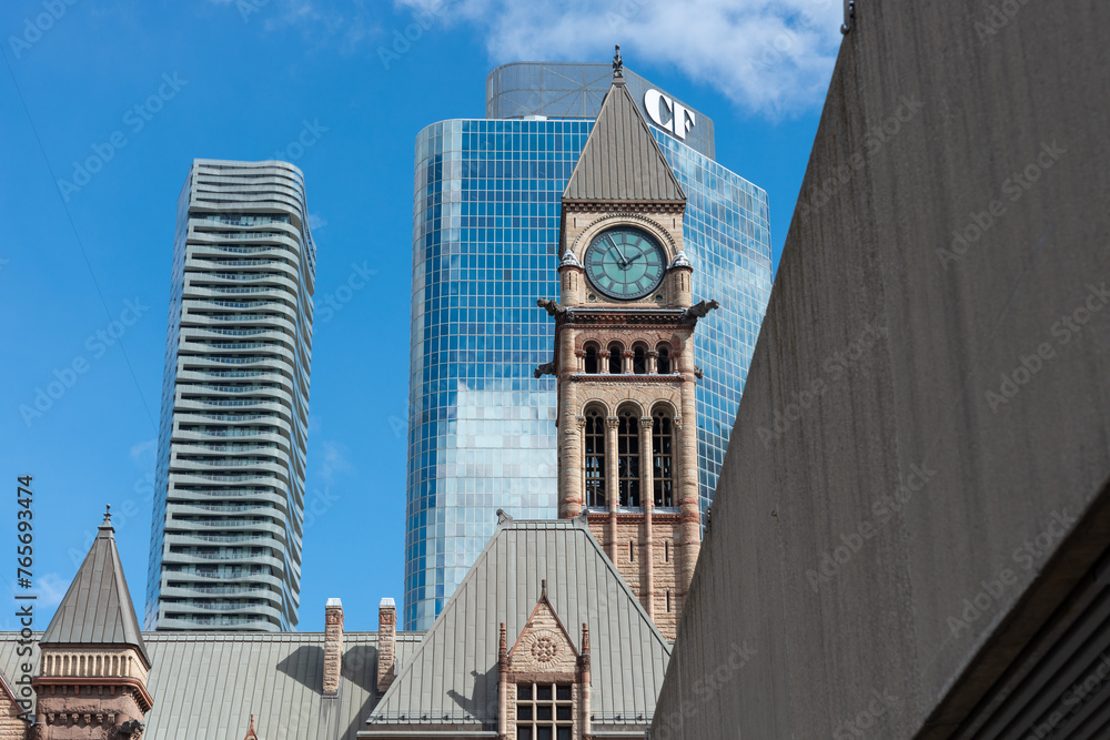 skyline with old and new buildings including clock tower at Toronto Old ...