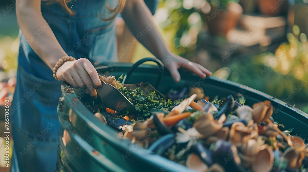 woman hands composting food waste into compost bin, demonstrating ...