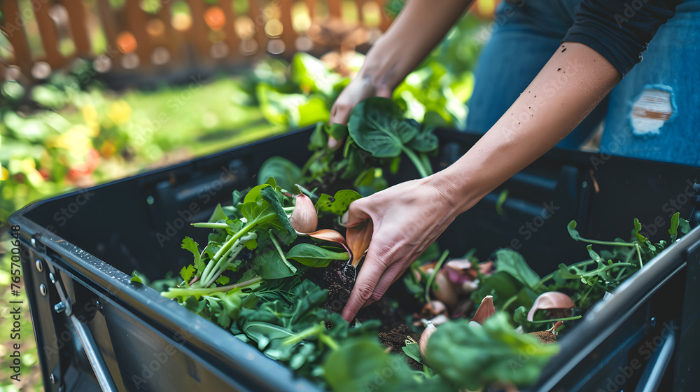 woman hands composting food waste into an outdoor compost bin ...