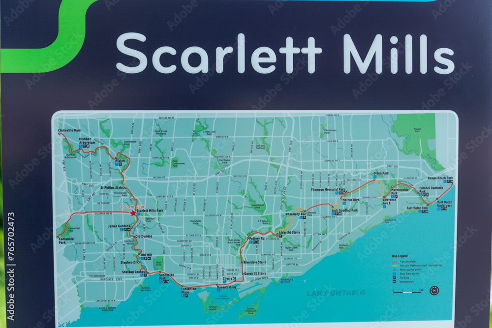 sign at Scarlett Mills Park with a map of Toronto showing path route ...