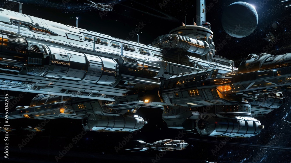 bustling interstellar spacecraft dock, with sleek, advanced spacecraft ...