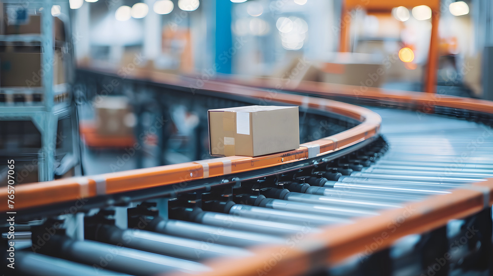 Cardboard boxes on a conveyor belt inside a modern logistics warehouse ...