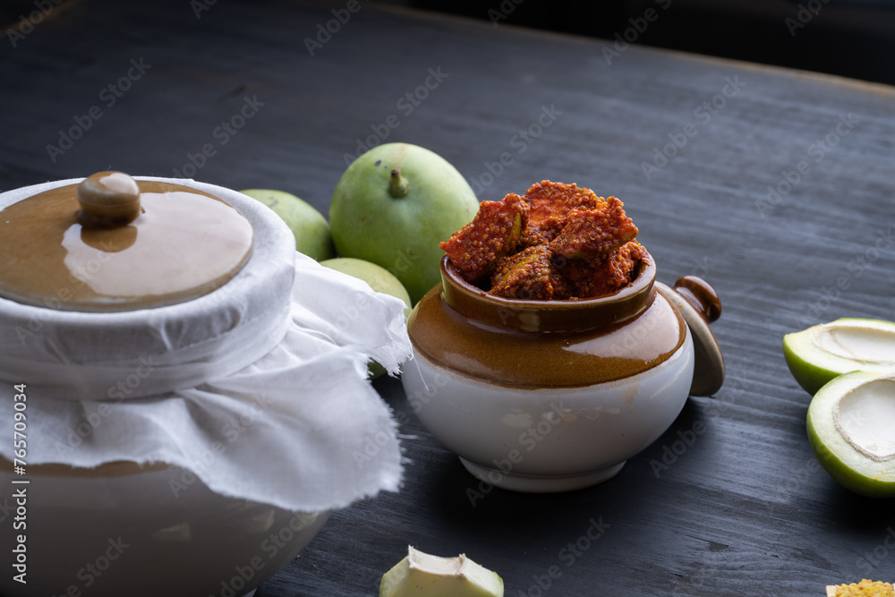 Homemade Mango Pickle or aam ka achar Kairi Loncha stored or preserved ...