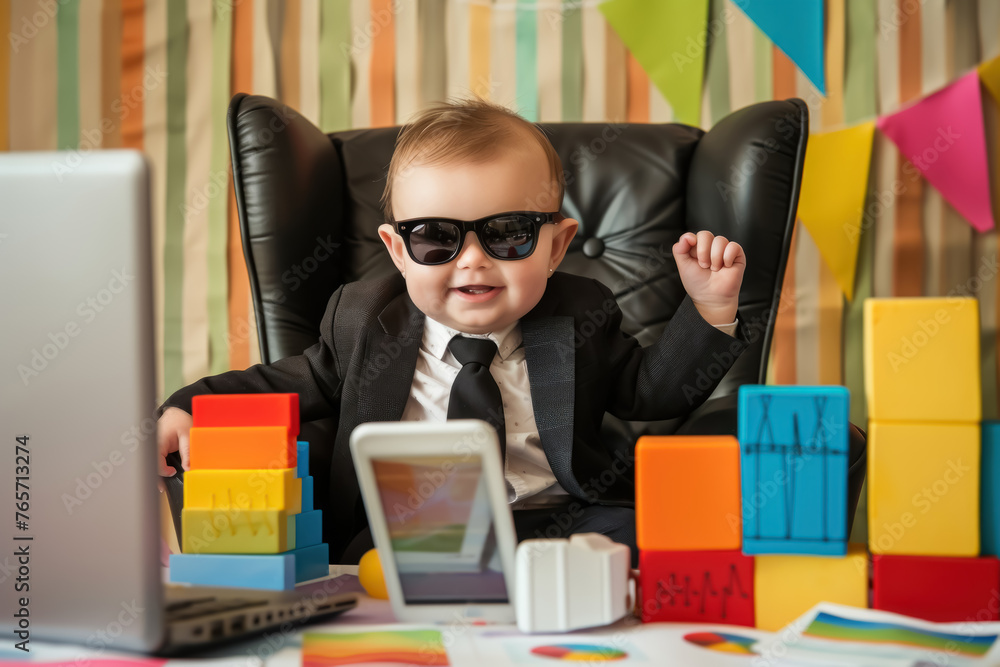 Baby CEO, a smiling infant wearing a tailored black suit and tie ...
