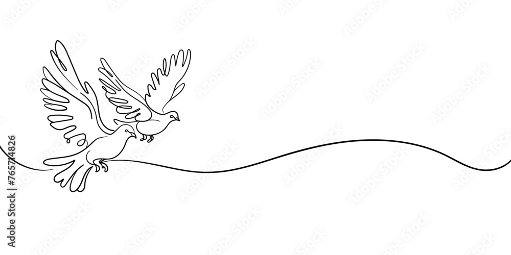Pigeons continuous line art drawing isolated on white background. Black ...