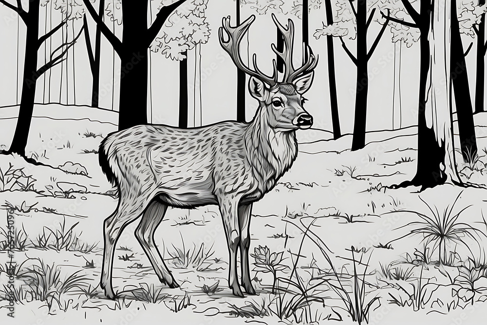 Cute Deer in nature, cartoon, full body, outline of the drawing in bold ...