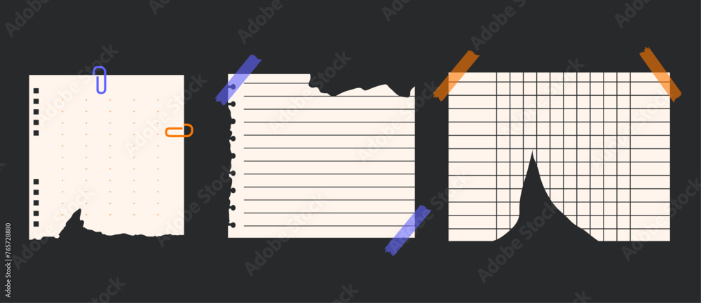 Collection of torn sheets of notebook. Paper clips. Collage of trendy ...