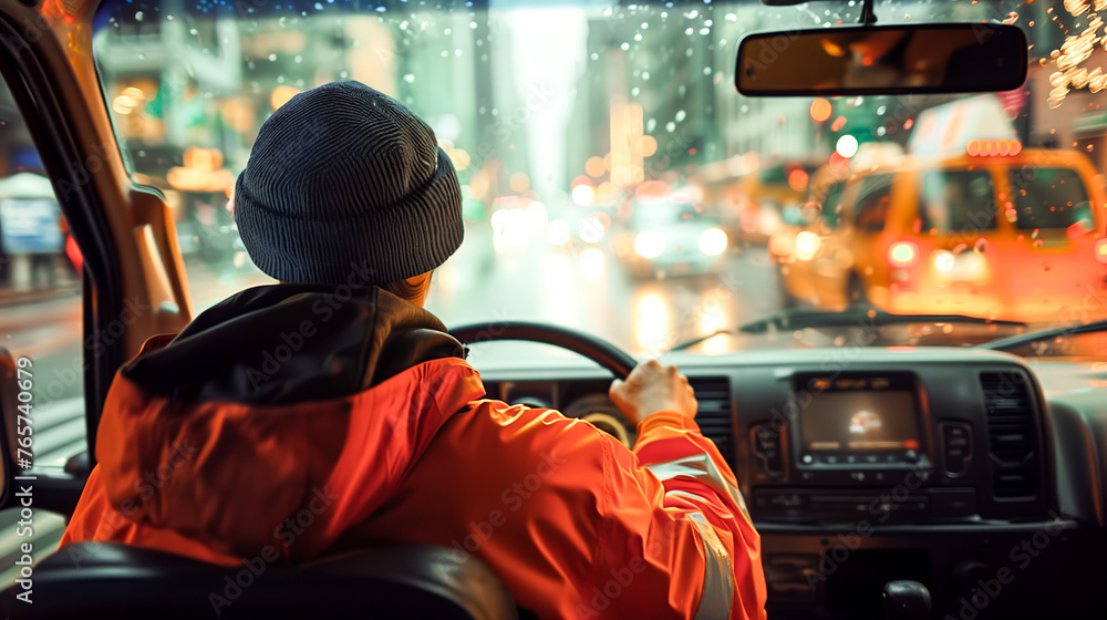 The driver is wearing an orange jacket and hat, driving the car in ...