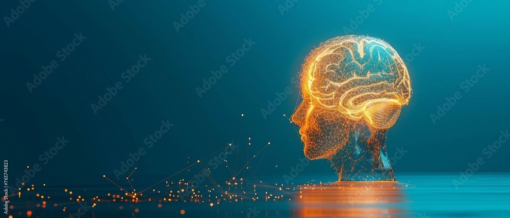 gold High-Tech Digital brain with Low Poly Wireframe on Blue Background ...