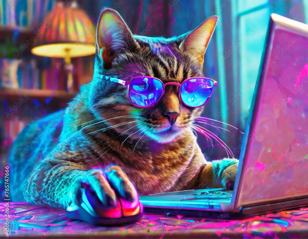 Ilustração de um gato humanizado, usando óculos, concentrado ...