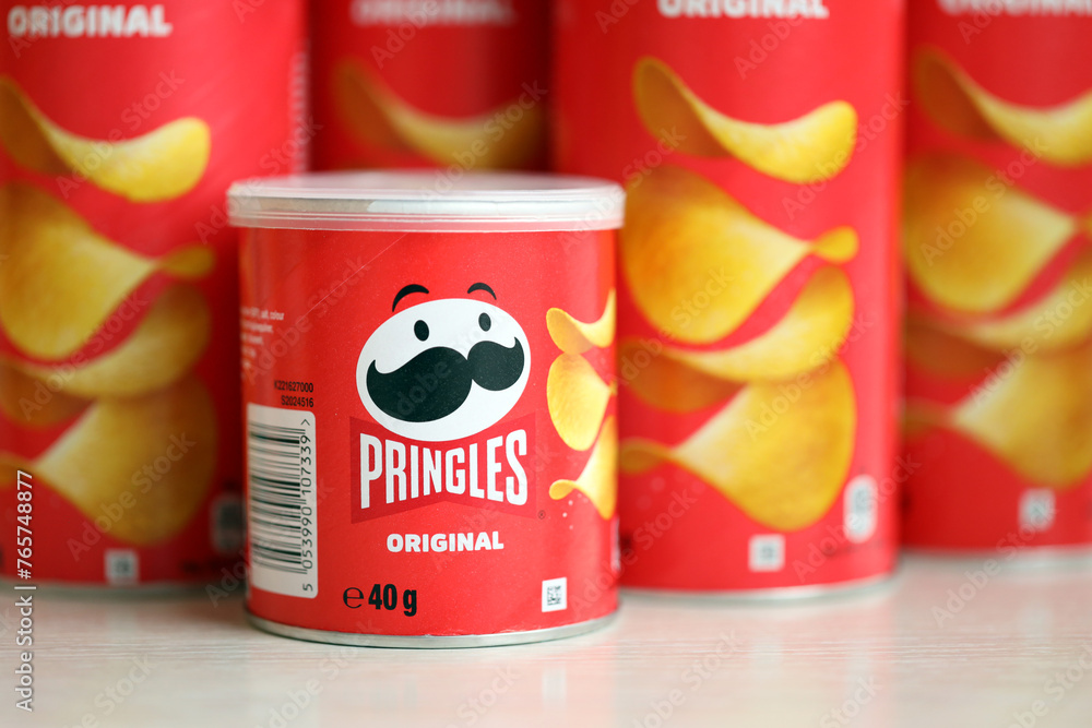 KYIV, UKRAINE - FEBRUARY 27, 2024 Pringles original potato chips on ...