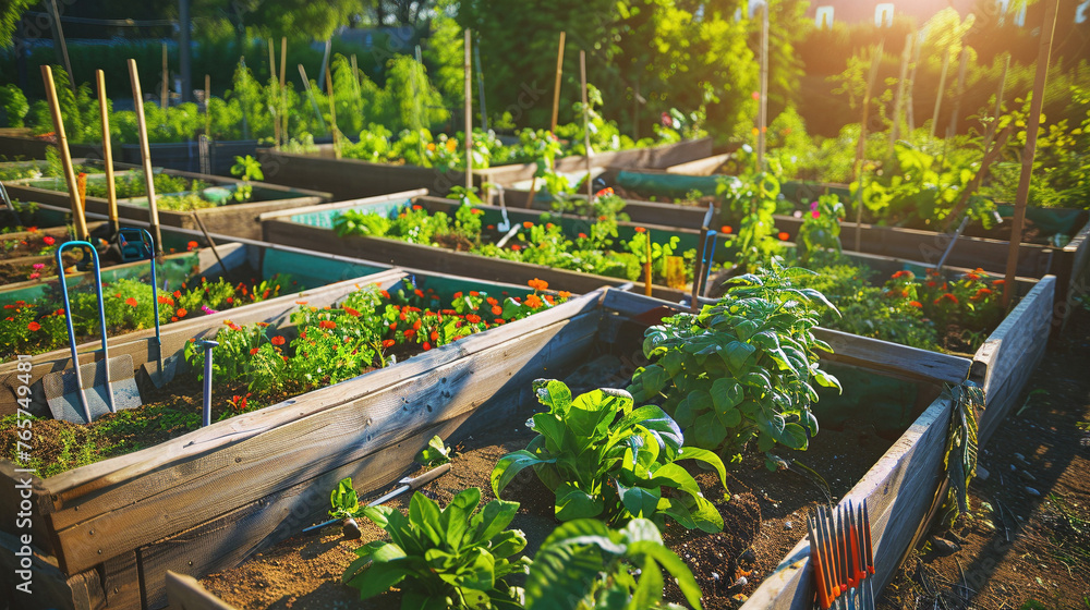 Beautiful Community Garden Plots with Raised Beds Stock Illustration ...