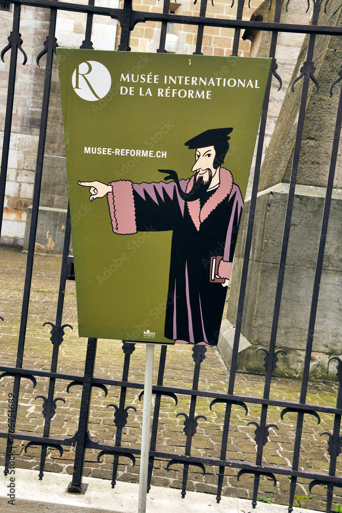 Geneva, Switzerland, Europe - Drawing of John Calvin pointing direction ...
