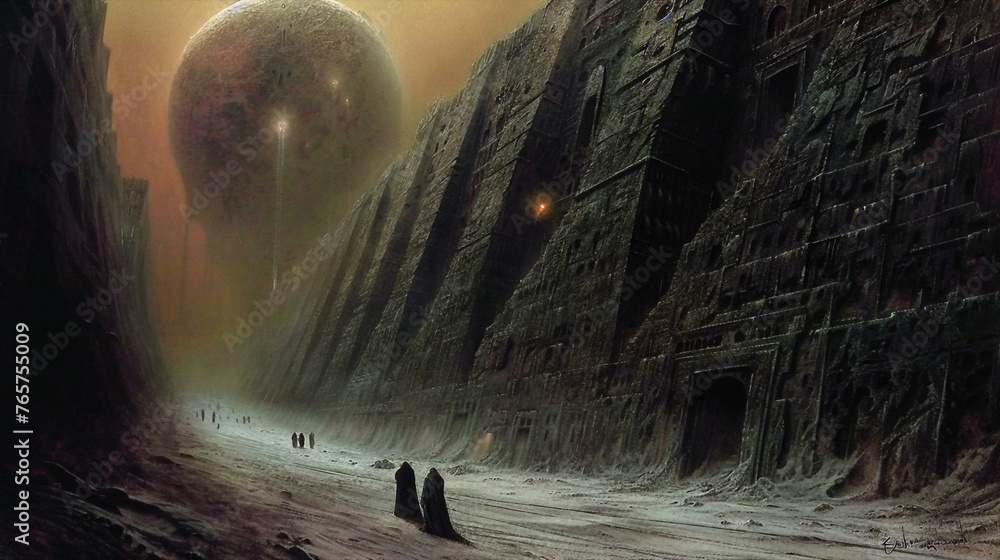 Sci-fi landscape with the route to abandoned factories and celestial ...