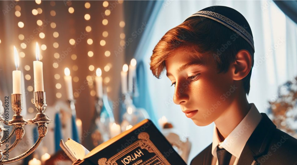 Bar Mitzvah Moment. A focused 13-year-old jew boy , reading from a ...