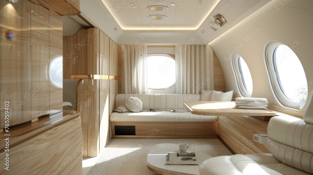 3d rendering of small private jet interior cabin with table and chair ...