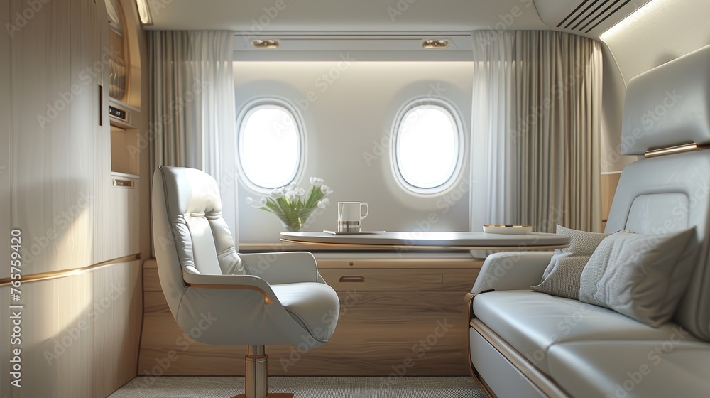 3d rendering of small private jet interior cabin with table and chair ...