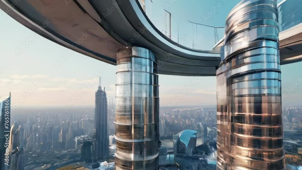 Futuristic city skyline with elevated walkways. Sleek skyscrapers under ...