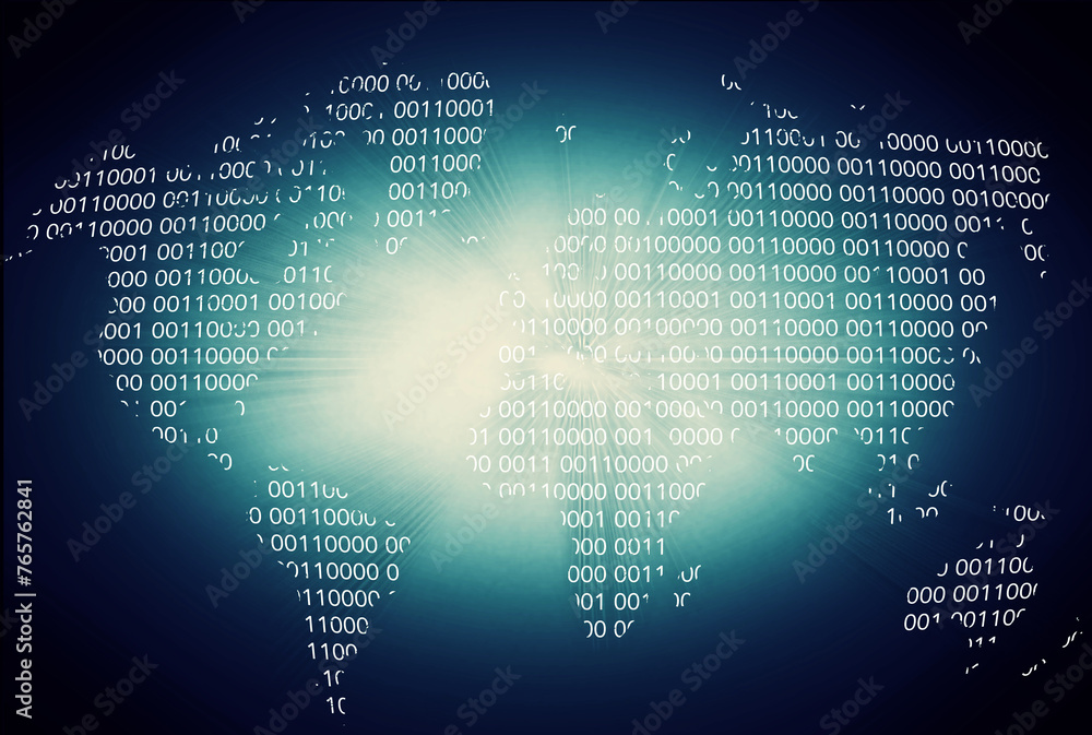 Matrix, coding and numbers for data with earth map for futuristic ...