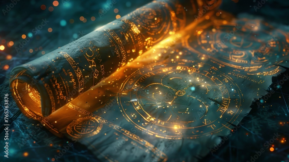 Close-up of an enchanted ancient scroll, detailed with golden runes and ...