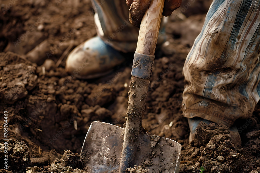 calloused hands gripping a shovel, digging into the earth with ...