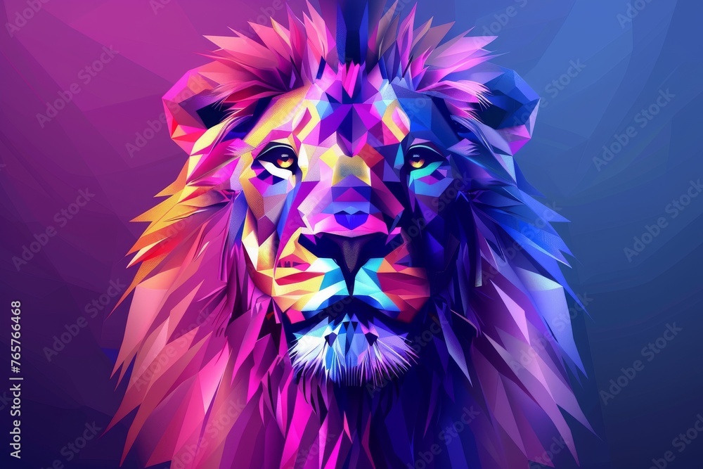 A noble lion's portrait depicted in radiant low-poly style, with deep ...