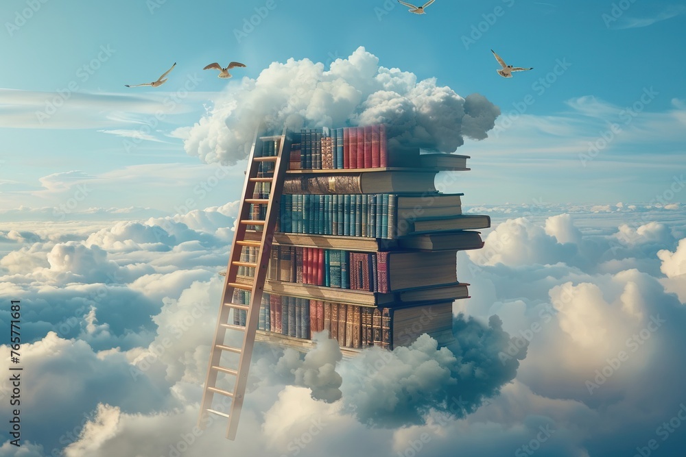 Floating library in the clouds, books fluttering like birds, accessible ...