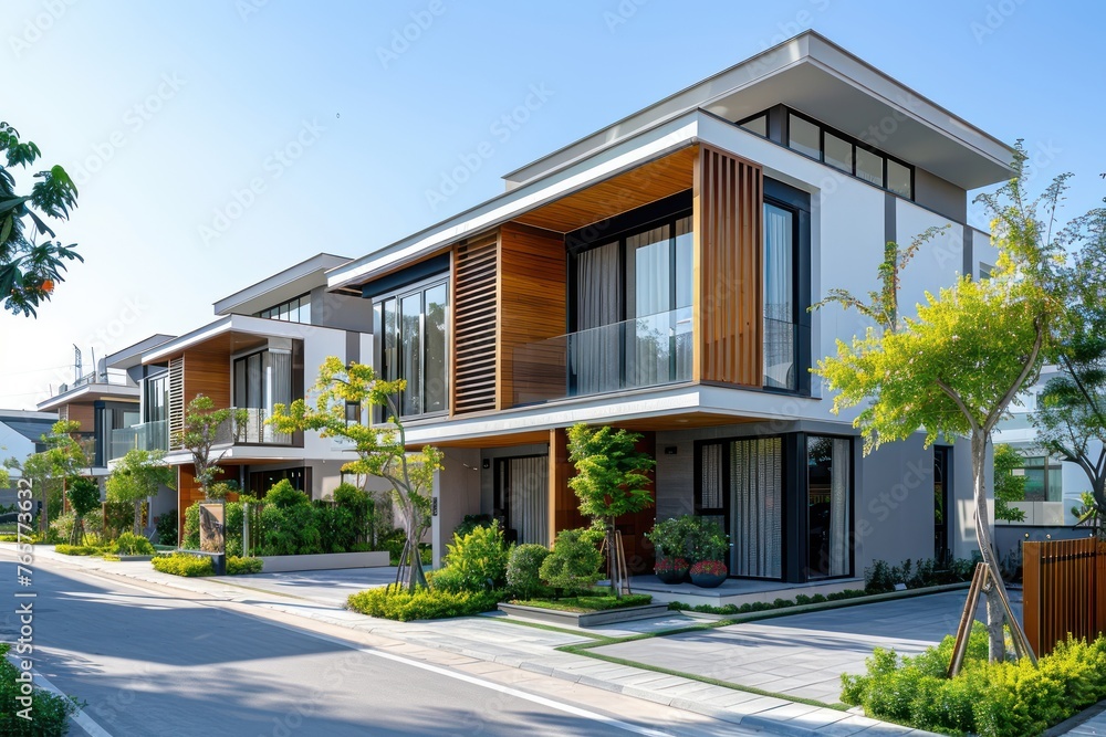 photo captures a contemporary suburban scene featuring a row of modern ...