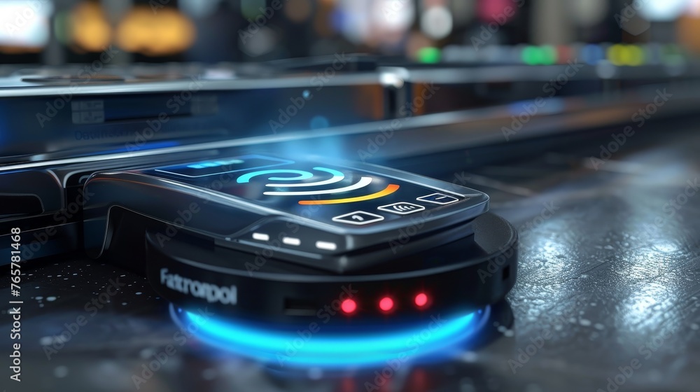 An image showing a wireless payment device with glowing lights on a ...