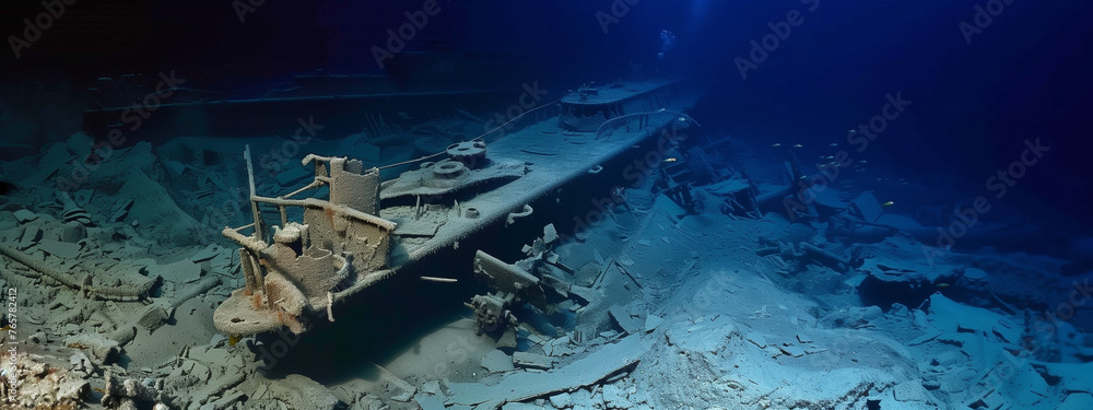 Submerged Submarine Wreck Illuminated by Diver's Light in Deep Sea ...