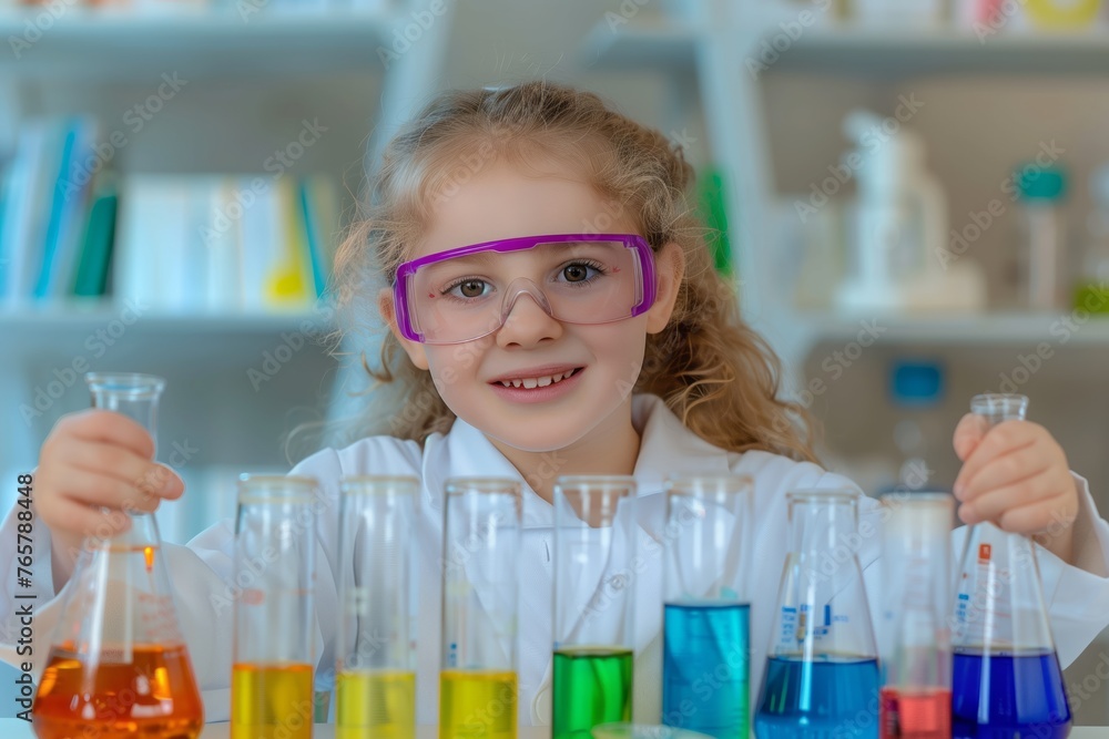 Young child chemist, in white lab coat and protective chemistry goggles ...