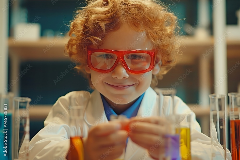 Young child chemist, in white lab coat and protective chemistry goggles ...