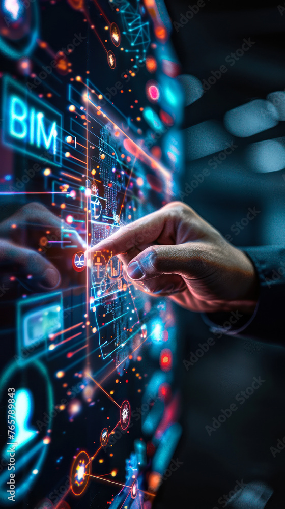 Business professional interacting virtual interface, concept of ...