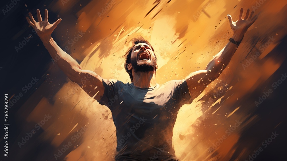 Illustrate the powerful moment of a strong athlete raising hands up and ...