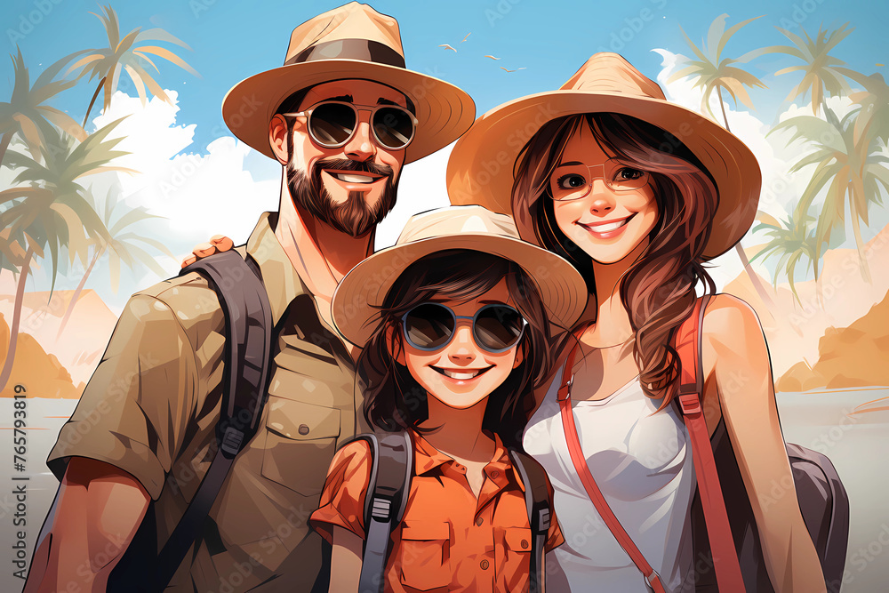 Cartoon image of a happy family posing for an image before heading out ...